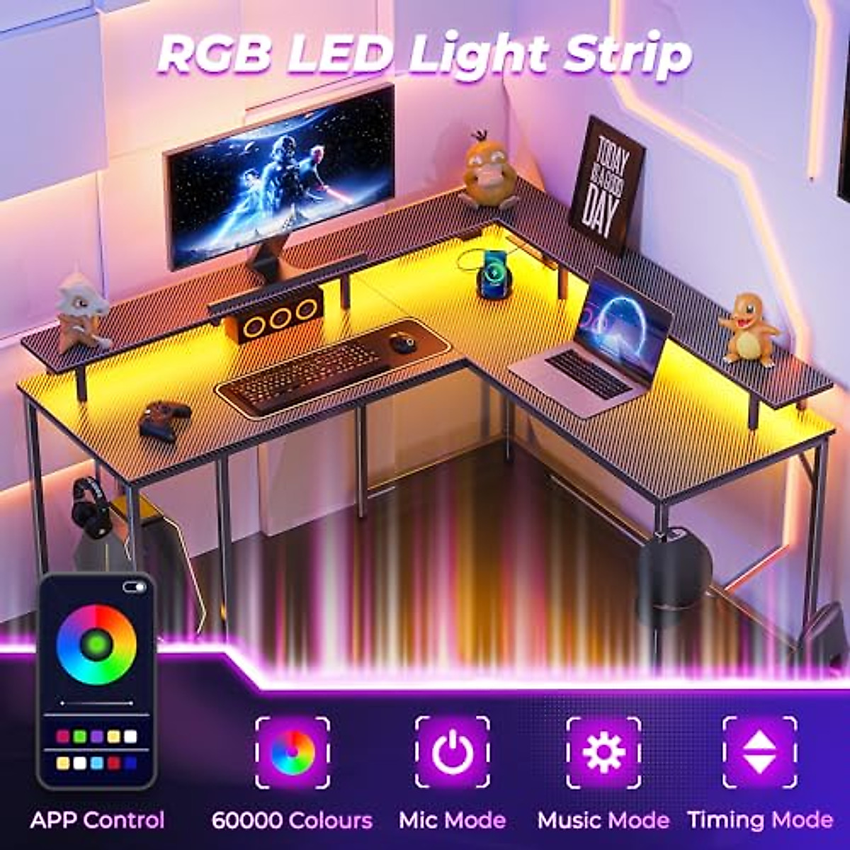 SUPERJARE Desk L Shaped Gaming Desk with LED Lights & Power Outlets, Computer Desk with Monitor Stand, Home Office Desk Corner Desk with Headphone Hooks, Carbon Fiber Black