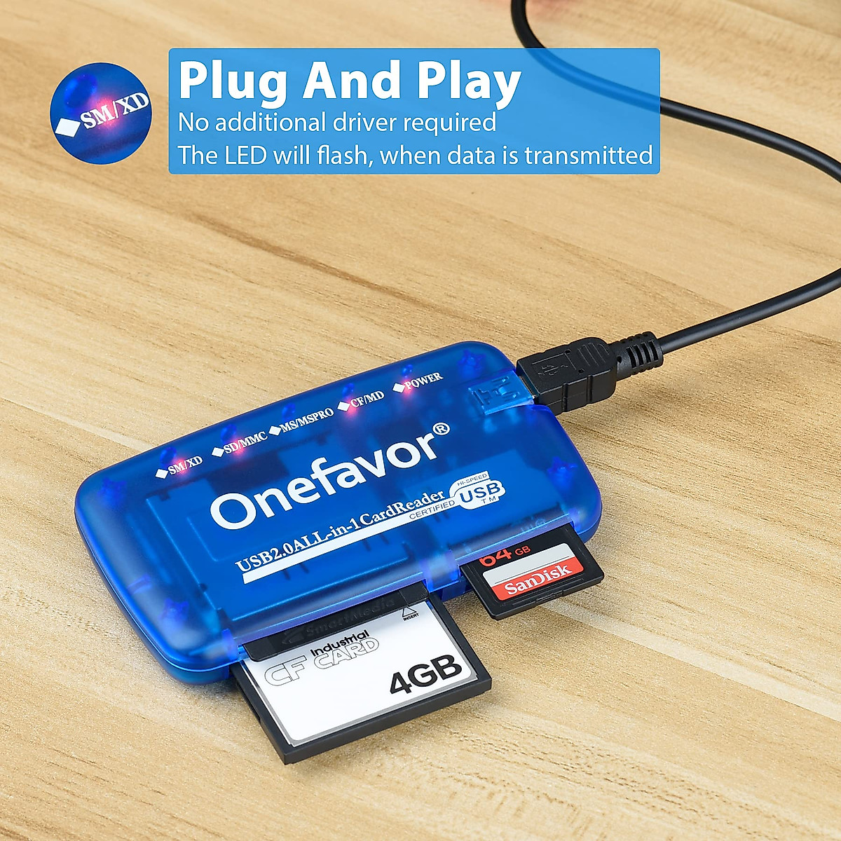 Onefavor SmartMedia Cards Reader Writer, All-in-1 USB Universal Multi Card Adapter Slim Hub Read Smart Media SD, XD, CF, MMC, MS Pro Duo, Camera Flash Memory Cards Reader for Windows, Mac, Linux