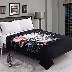 Mimihome Skull Throw Blanket, Sugar Skulls Flowers Warm Fleece Blanket for Sofa Couch Bed Chair, 80 L x 58 W Inches