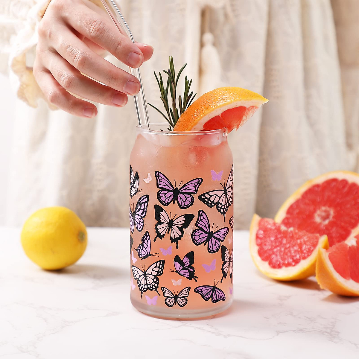 Nefelibata Butterfly Iced Coffee Glass Beer Can Glass Color Changing 16 OZ Pastel Pink & Purple Swallowtail Butterflies Art Glass Mug Present with Lid Drinking Straw Spring Mother's Day Gifts for Her