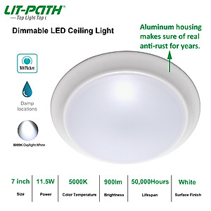 LIT-PaTH LED Flush Mount Ceiling Lighting Fixture, Dimmable 7 Inch 11.5W 900 Lumen, Aluminum Housing Plus PC Cover, Damp Location Rated for Bathroom, 5000K, 2-Pack