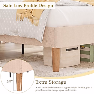 VECELO Twin Size Bed Frame, Upholstered Platform Bedframe with Height Adjustable Plush Fabric Headboard, Strong Wood Slat Supports, No Box Spring Needed, Beige