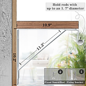 Closet Rod Bracket, Heavy Duty Shelf Bracket with Rod Holder, 11x 10-1/5 inch White Closet Rod Support Wall Mounted Clothes Hanger Pole Support Hooks, 4 Pack