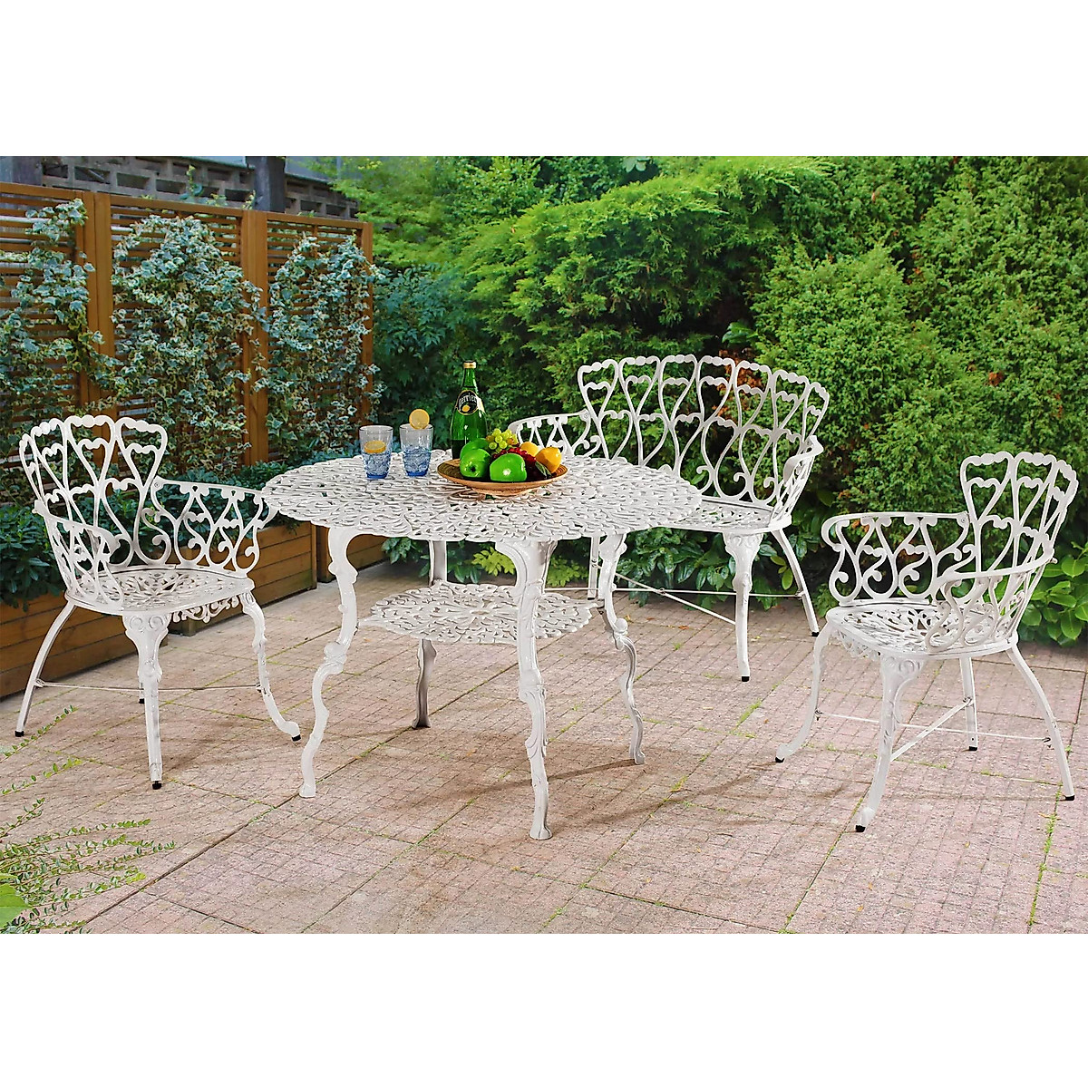 Westcharm White Cast Aluminum 2-Person Bench for Outdoor Garden Patio Yard Park Lawn with White Heart | Antique Victorian Dining Loveseat