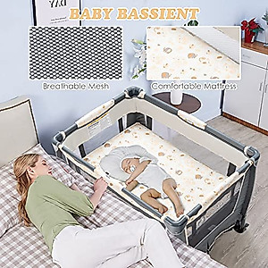 INFANS 4 in 1 Pack and Play, Portable Nursery Center for Baby Kid Infant, Comfortable Playard with Bassinet, Mattress, Diaper Changer, Cradle, Travel Bag, Toys, Music Box, Storage Basket(Monkey)