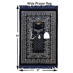 Modefa Free Prayer Cap, Beads & Car Hanger, Islamic Prayer Rug Janamaz - Plush Velvet Wide (Navy Blue)
