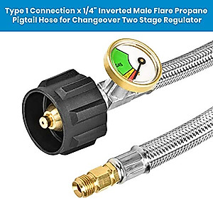 Stanbroil 2PCS 15" RV Propane Pigtail Hose with Gauge for 2-Stage Auto Changeover Regulator, Stainless Steel Braided Hose with 1/4" Inverted Male Flare