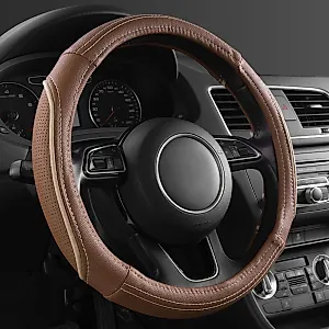 CAR PASS Line Rider Delux Leather Steering Wheel Cover, Universal Fit for Suvs,Sedans,Vans,Trucks for 14.5" to 15"(Brown & Beige)