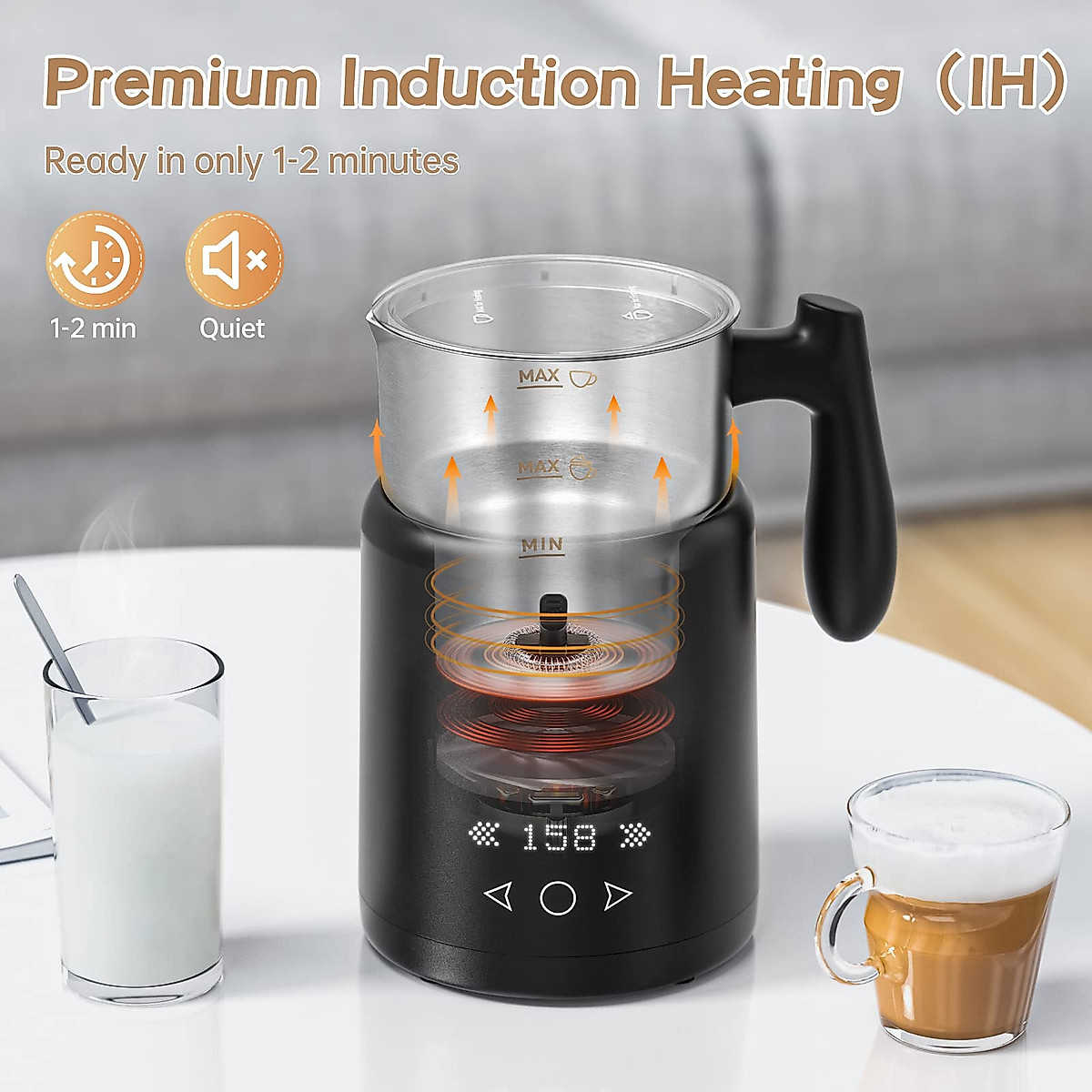 Secura Coffee Milk Frother, 5-IN-1 Electric Milk Steamer with Detachable Stainless Steel Jug Automatic Hot/Cold Foam & Hot Chocolate Maker with LED Touch Screen, Temperature Display, Induction Heating