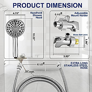 High Pressure 10 Setting Handheld Shower Head, 5" Detachable Showerhead Spray Built-in Power Wash to Clean Tub, Tile & Pets, 79" Extra Long Stainless Steel Hose, Adjustable Bracket - Chrome