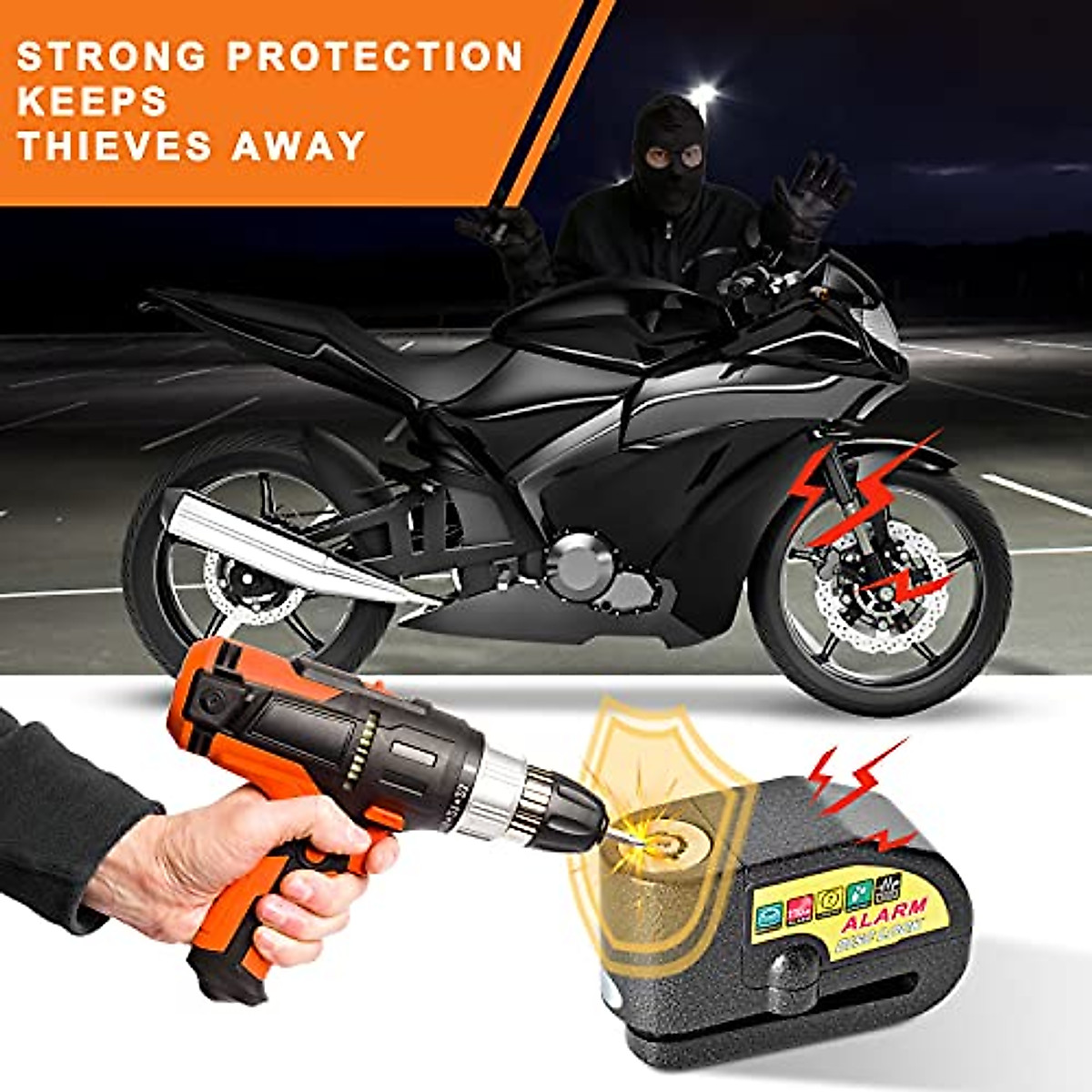 Motorcycle Alarm Disc Brake Lock, Motorcycle Locks Anti-Theft Security Wheel Disc Lock Waterproof 110dB Alarm Sound with 5ft Reminder Cable Keys and Carry Pouch for Motorbike Bike Scooter