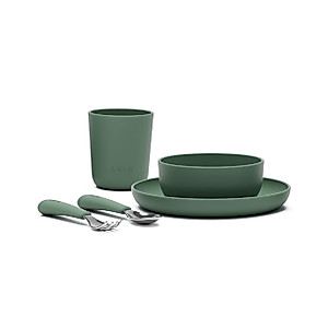 Lalo Big Bites Kids Dinnerware Starter Set - Dishwasher Safe, BPA Free, Kids Tableware Set - Includes Stackable Bowl, Plate, Utensils & Cup - 5 Pieces - Olive