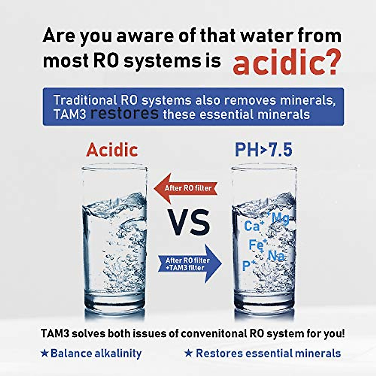 Frizzlife TAM3 Under Sink Inline Water Filter - Alkaline PH+ Remineralization, NSF/ANSI 42 Certified, Adjust Taste & PH, Restore Essential Minerals, 1/4" Pipe Fits for Reverse Osmosis Systems