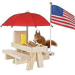 Squirrel Feeder, MEIXINZHI Wooden Squirrel Feeders for Outside with Umbrella, Flag, Corn Cob Holder, Solid Structure; Squirrel Picnic Table Feeder are a Gift for Squirrel and Chipmunk Lovers