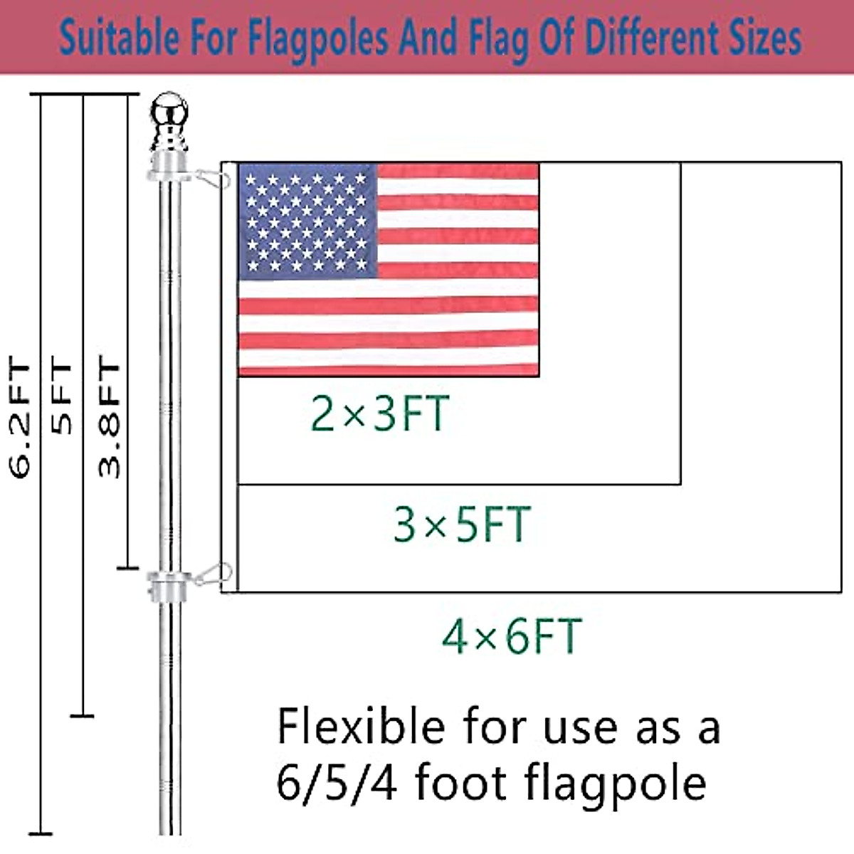 Bubblythe 2 Pack Flag Poles for House, 6 FT Flag Pole Kit with 2 No-Tangle Aluminum Ring Clips and Holder Mounting Bracket, Heavy Duty Stainless Steel Flag Poles for Outside House, Boat Flagpole, 6ft