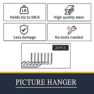 MIHUYAN Picture Hanger Super Hook 20PCS,High-Quality Steel Picture Hanger Hercules Hooks,Used for Drywall, Wood Wall, Plaster Wall, can Hang Photos, Art, Clock, Mirror.