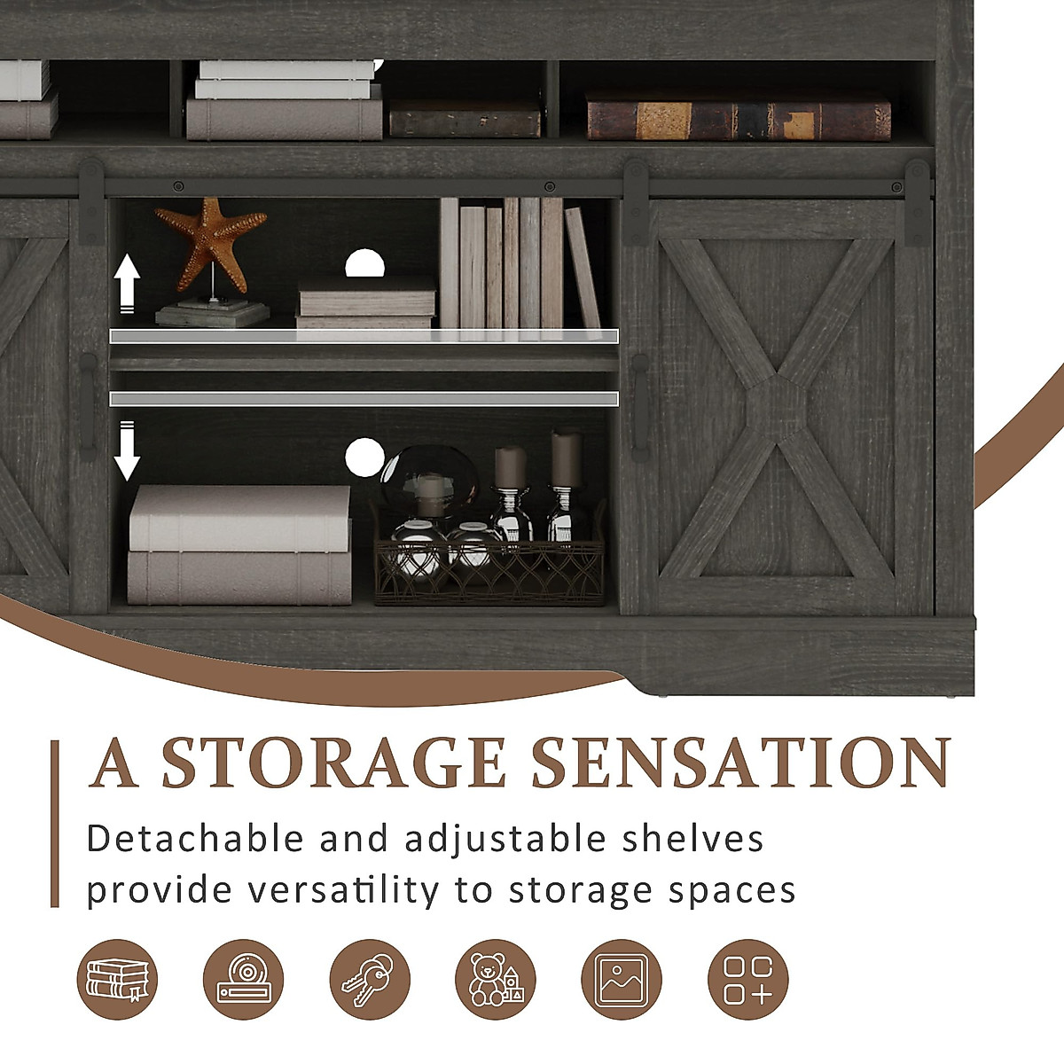 FansaFurn Farmhouse TV Stand for 65+ Inch TV, 34'' Tall Entertainment Center with Sliding Barn Doors, Rustic Wood Media Console Storage Cabinet Television Stand for Living Room, Bedroom (Dark Grey)