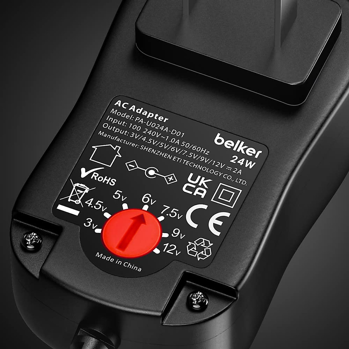 Belker 24W Universal AC/DC Adapter Multi-Voltage Regulated Switching Power Supply with 9 Selectable Adapter Plugs for 3V 4.5V 5V 6V 7.5V 9V 12V Household Electronics - 2Amps Max.