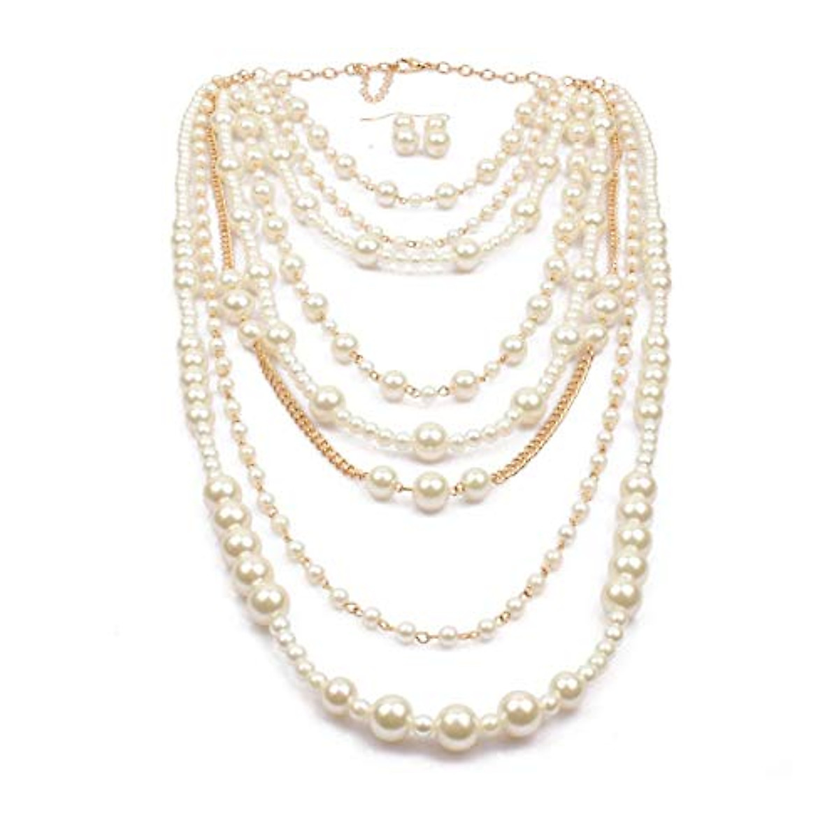Askana Women's Vintage Retro Classic Style 1920s Fashion Faux Simulate Pearls White Beads Long Multi-layer Layered Statement Strands Necklace with Earrings