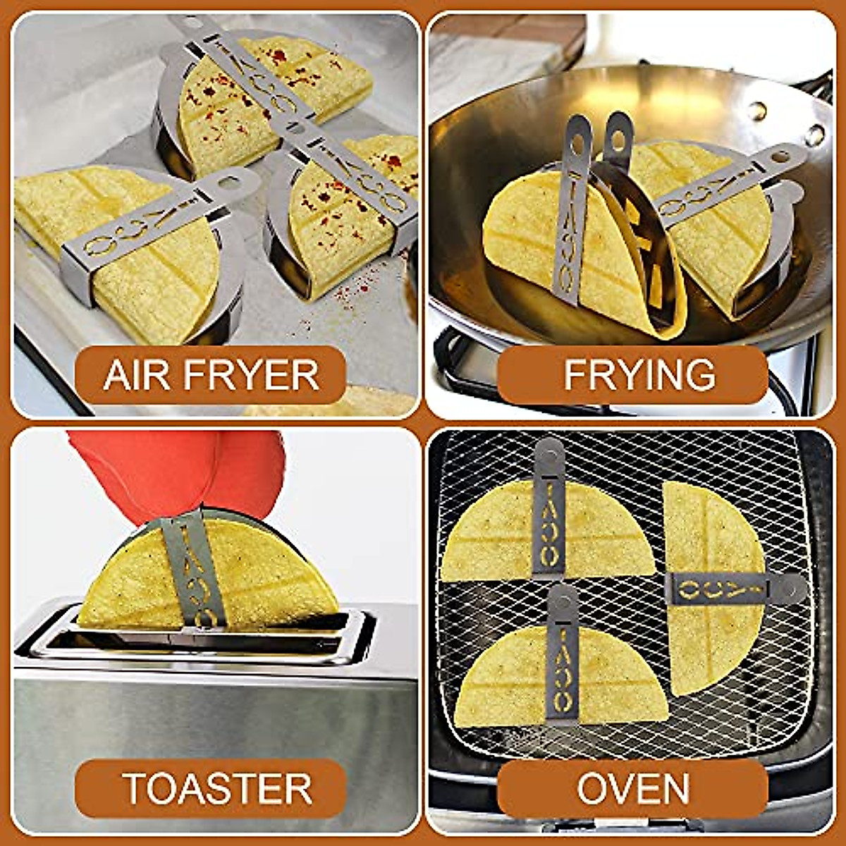 Sophico Stainless Steel Taco Shell Stands, Make Crispy Flat-Bottom Tacos Shells Mold for Toaster, Baking, Fryer or Air Frying, Upgrade Your Tacos (Tacos Shells Mold)