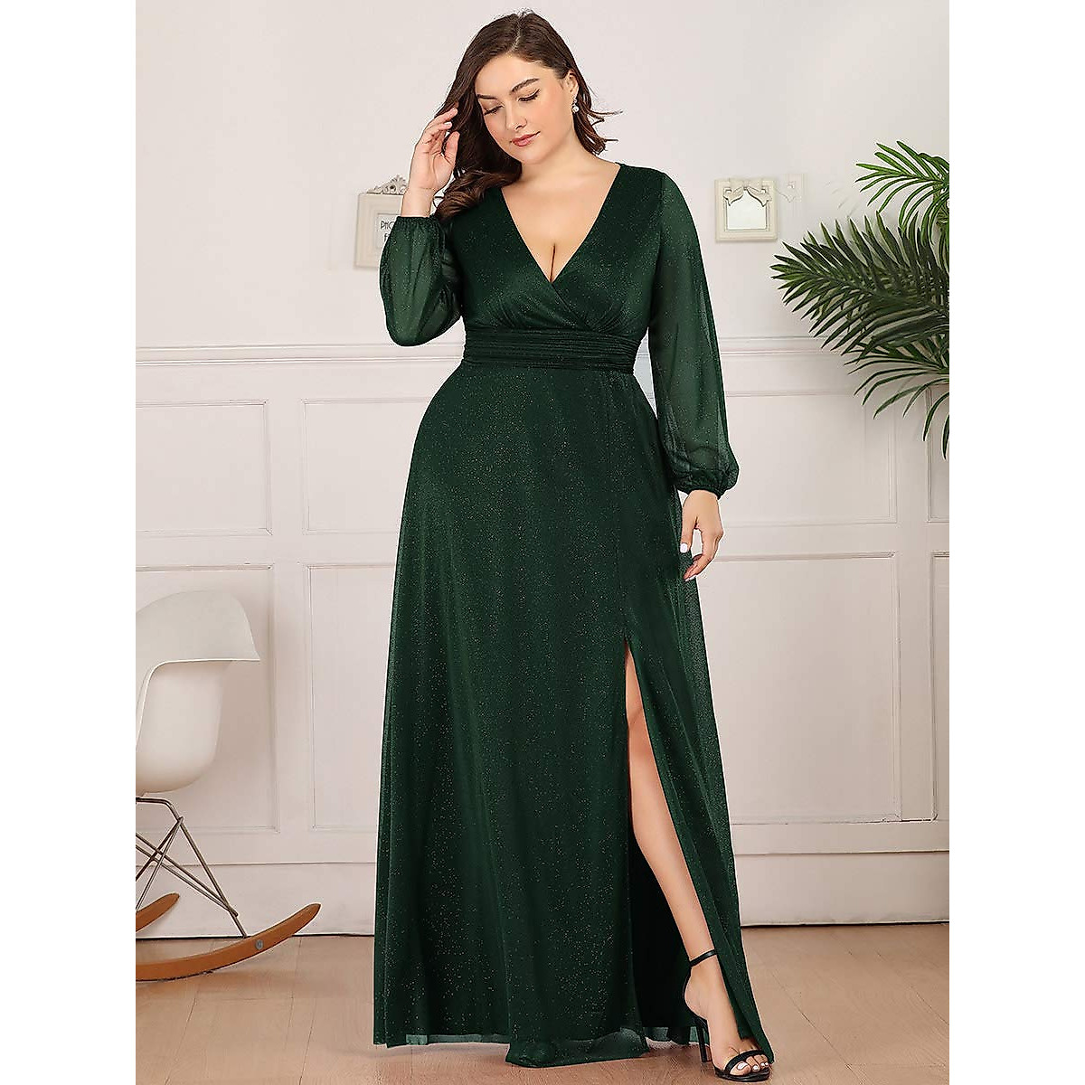 Ever-Pretty Women's Glitter A Line High Slit V-Neck Plus Size Formal Gowns and Evening Dresses Dark Green US18