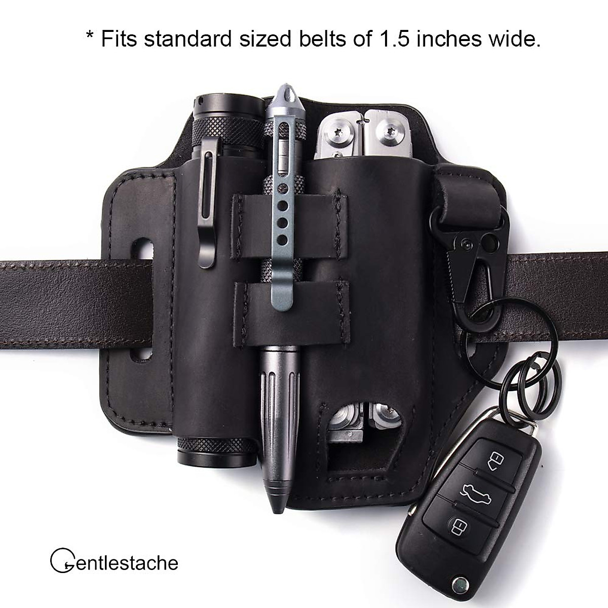 Gentlestache Belt Sheath, Practical EDC Leather Belt Organizer with Multitool Pouch, Flashlight/Pen Holder and Keychain Clip for Men Black