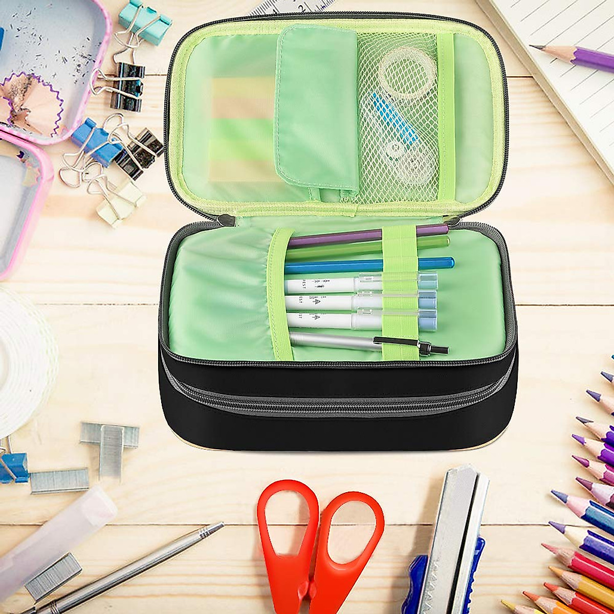 Homecube Pencil Case Large Capacity Storage Pen Bag Makeup Pouch Durable Students Stationery Case Two Layers with Dual Zippers- 8.86x5.5x3.15"- Green