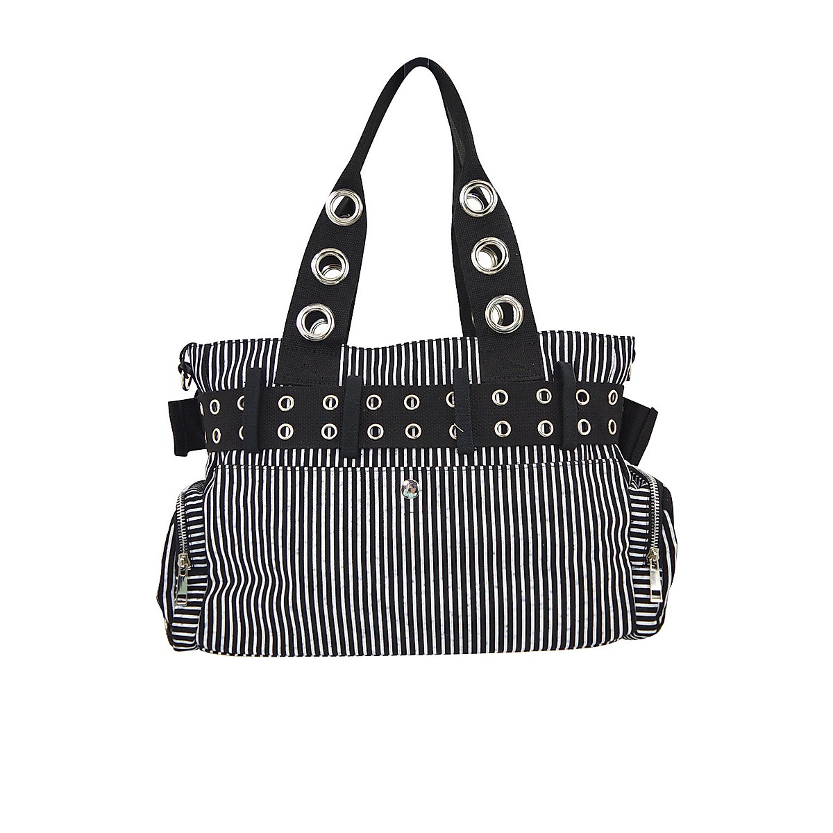 Lost Queen Striped Punk Rock Steampunk Purse with Handcuff Skull Charm (White), Medium