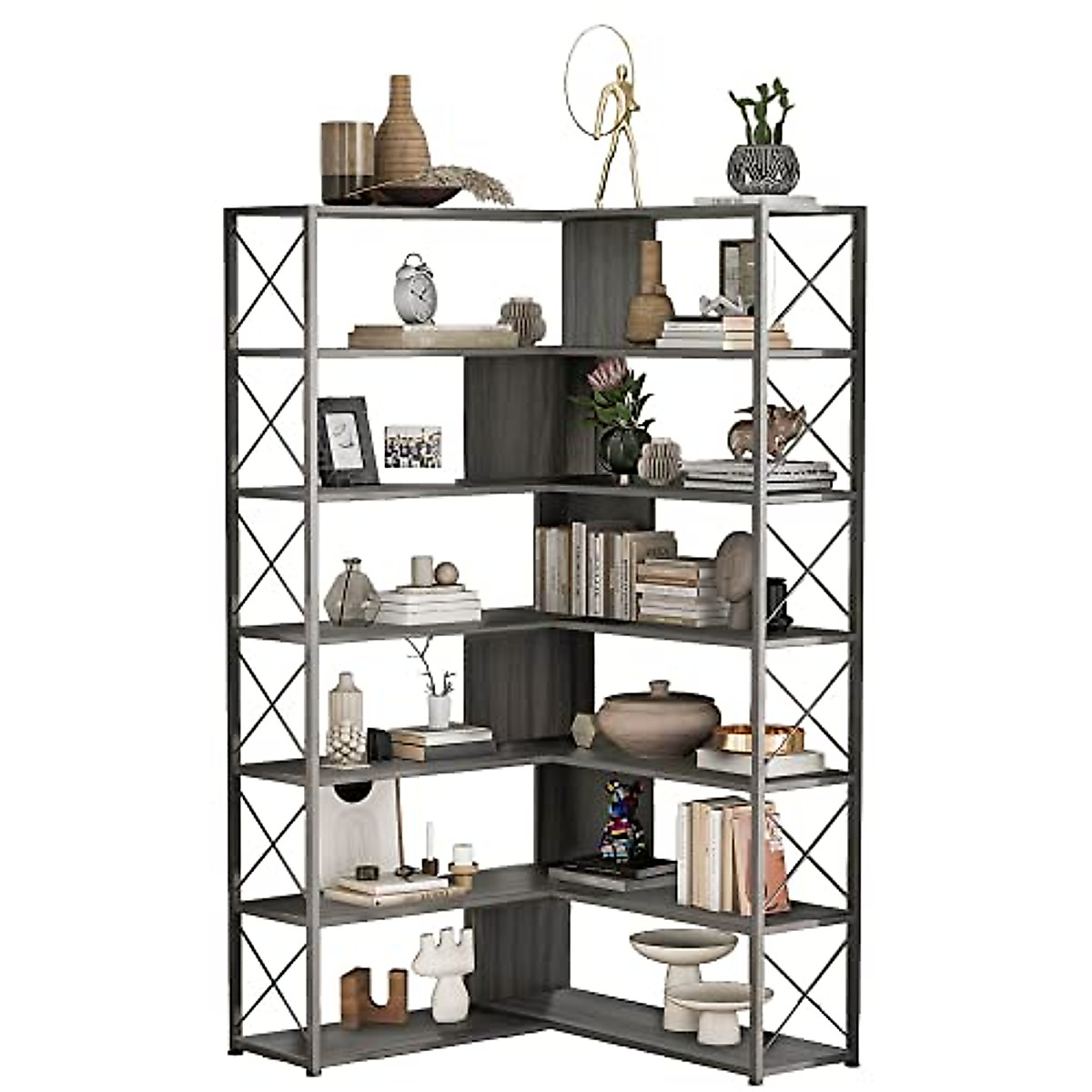 Corner Bookcase, 7-Tier L-Shaped Tall Bookshelf with Open Storage, Freestanding Industrial Etagere Shelf with Metal Frame for Home Office Funiture, Grey, Silver Frame