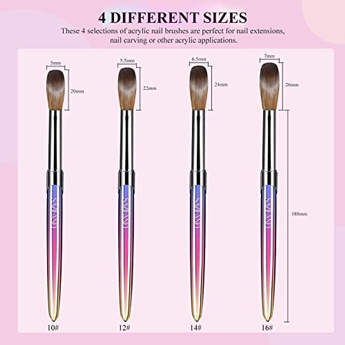 Saviland 11PCS Kolinsky Acrylic Nail Brush set - Size 4/6/8/10/12/14/16 Acrylic Powder Brushes for Acrylic Nails Extension & 3D Nail Carving