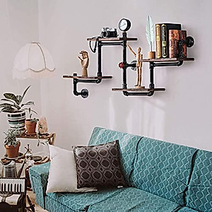 BOSURU Industrial Floating Pipe Wall Shelves Rustic Wood Shelving 4 Layer Ladder Hanging Bookshelf for Bedroom Office Decor