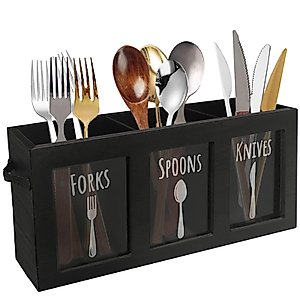 Mibcocny Wood Utensil Caddy For Kitchen Counter, Silverware Organizer Countertop, Spoon And Fork Organizer With Handles, Flatware Cutlery Knife Holder For Party Hosting Storage (Black)