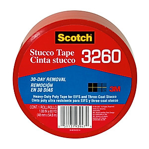 Scotch Stucco Tape, 1.88 in x 60yd, 30 Day Clean Removal, Heavy-Duty Outdoor Stucco Tape, UV & Moisture Resistant, Water Resistant Poly Backing, 1 Roll, Red (3260-A)