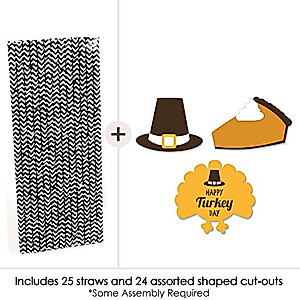 Big Dot of Happiness Happy Turkey Day Paper Straw Decor - Thanksgiving Striped Decorative Straws - Set of 24