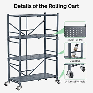 Folding Storage Shelves Metal Garage Shelving - 4 Tier Heavy Duty Foldable Shelf with Wheels, Grey
