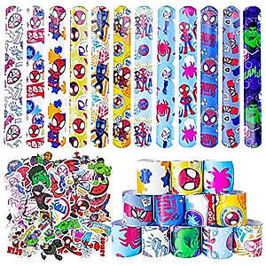86PCS Spidey Slap Bracelet&Stickers - Spidey and His Amazing Friends Slap Bracelet for Kids Boys & Girls Birthday Party Supplies Favors - Cartoon Spidey Party 50PCS Stickers Carnival Prizes