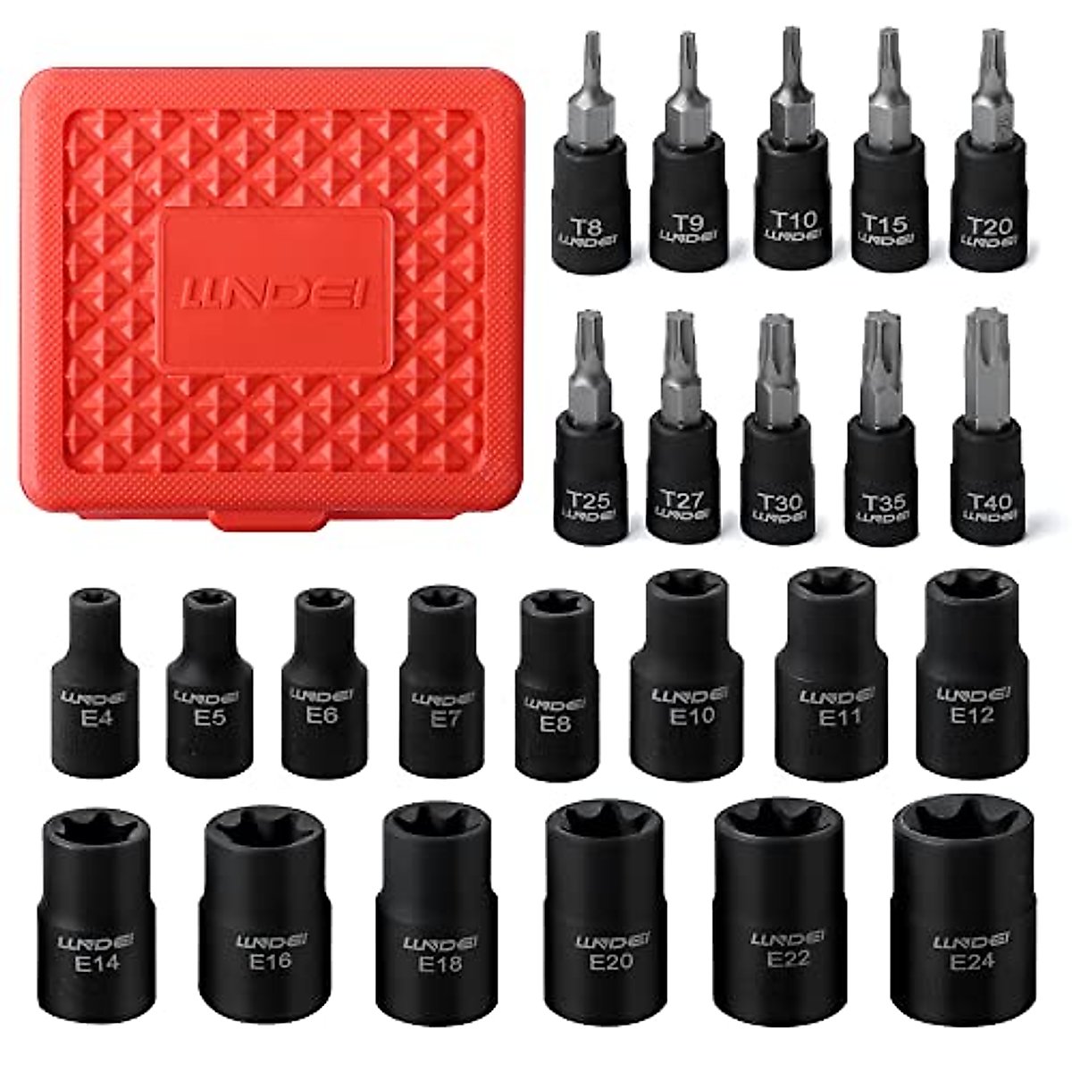 Torx Bit Socket and Female External Socket Set 24PCS, LLNDEI 10 Star Socket Bits (T8-T40)& 14 Female E-Torx Sockets (E4-E24) 1/4" 3/8" 1/2", CR-V, Star Drive Socket Kit with Mini Storage Box