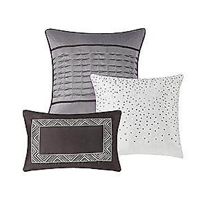 Madison Park Quilt Set Luxurious Jacquard Stripes Design - All Season, Coverlet Bedspread Lightweight Bedding Layer, Shams, Decorative Pillow, Full/Queen(90"x90"), Chevron Grey/Taupe 6 Piece