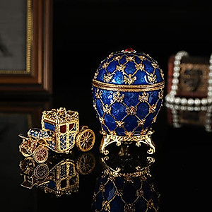 QIFU Vintage Blue Faberge Egg Style Jewelry Trinket Box with Mini Royal Carriage, Unique Gift for Easter Collection
