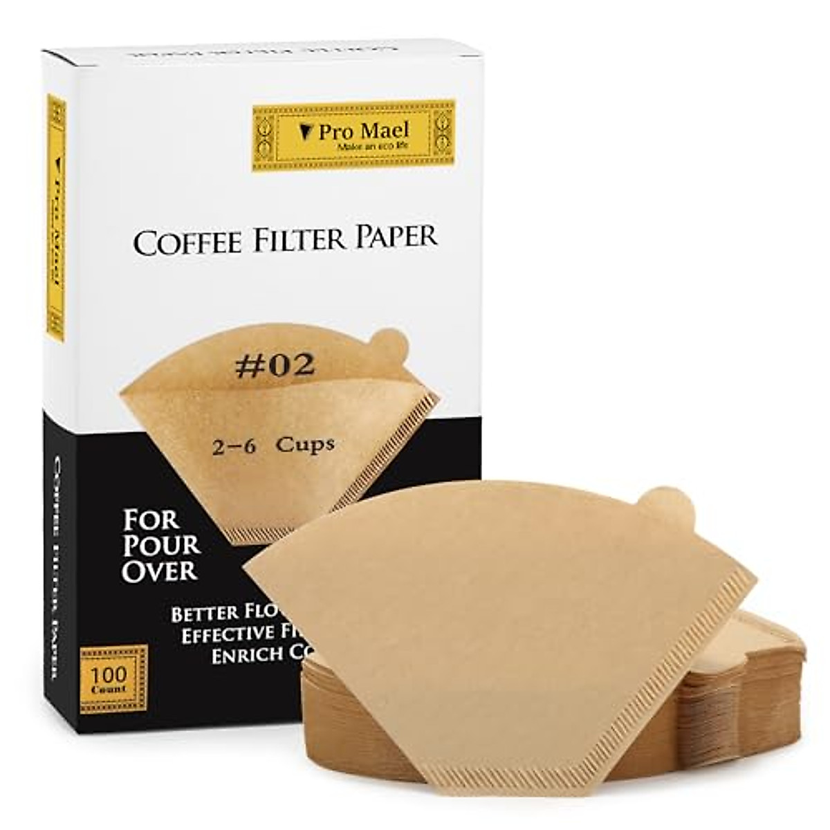 Pro Mael #2 Cone Coffee Filters Paper Disposable for Pour-Over and Automatic Drip Coffee Makers, Better Filtration with No Blowouts, Made from Unbleached Natural Filter Paper, Brown (100 Count)