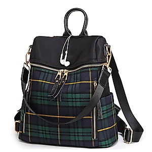 Mn&Sue Plaid Backpack Purse for Women Fashion Casual Daypack Dual-use Travel Shoulder Bag Nylon Rucksack (Green Plaid) One_Size