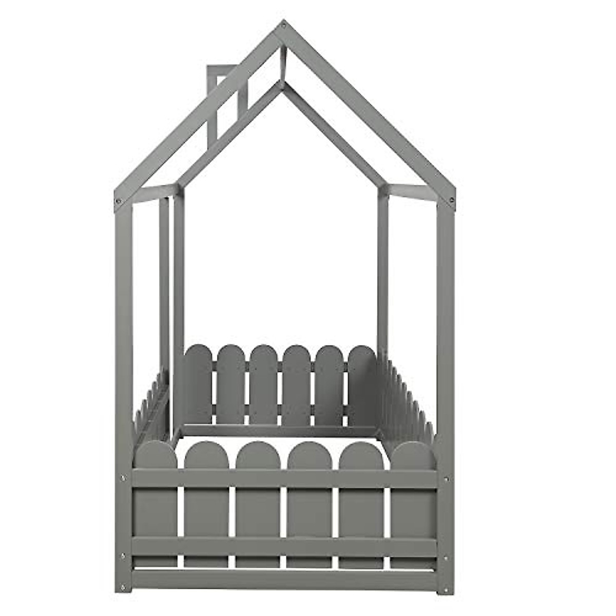 House Bed Frames with Pine Wood Roof and Fence for Kids, Teens, Boys or Girls, Box Spring Needed(Slats Kit Not Included) Platform, Twin, Gray