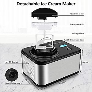 KUMIO 1.5 Quart Ice Cream Maker with Compressor, No Pre-Freezing, 4 Modes Ice Cream Maker Machine with LCD Display, Timer, Automatic Gelato & Yogurt Machine, Stainless Steel
