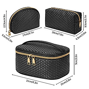 KTMOUW Makeup Bag 3 Pcs Waterproof Cosmetic Bag Set Portable Travel Multifunction Storage Organizer, Weave Toiletry Bag for Women and Girls, Black