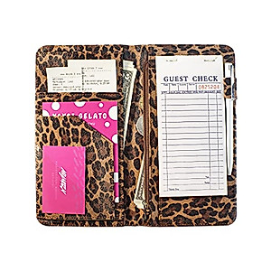 Server Book for Waitress Book with Zipper Pocket, 5x9 Leopard Magnetic Closure Server Wallet with Money Pocket and Zipper Pouch, Restaurant Waitstaff Organizer Fit Server Apron
