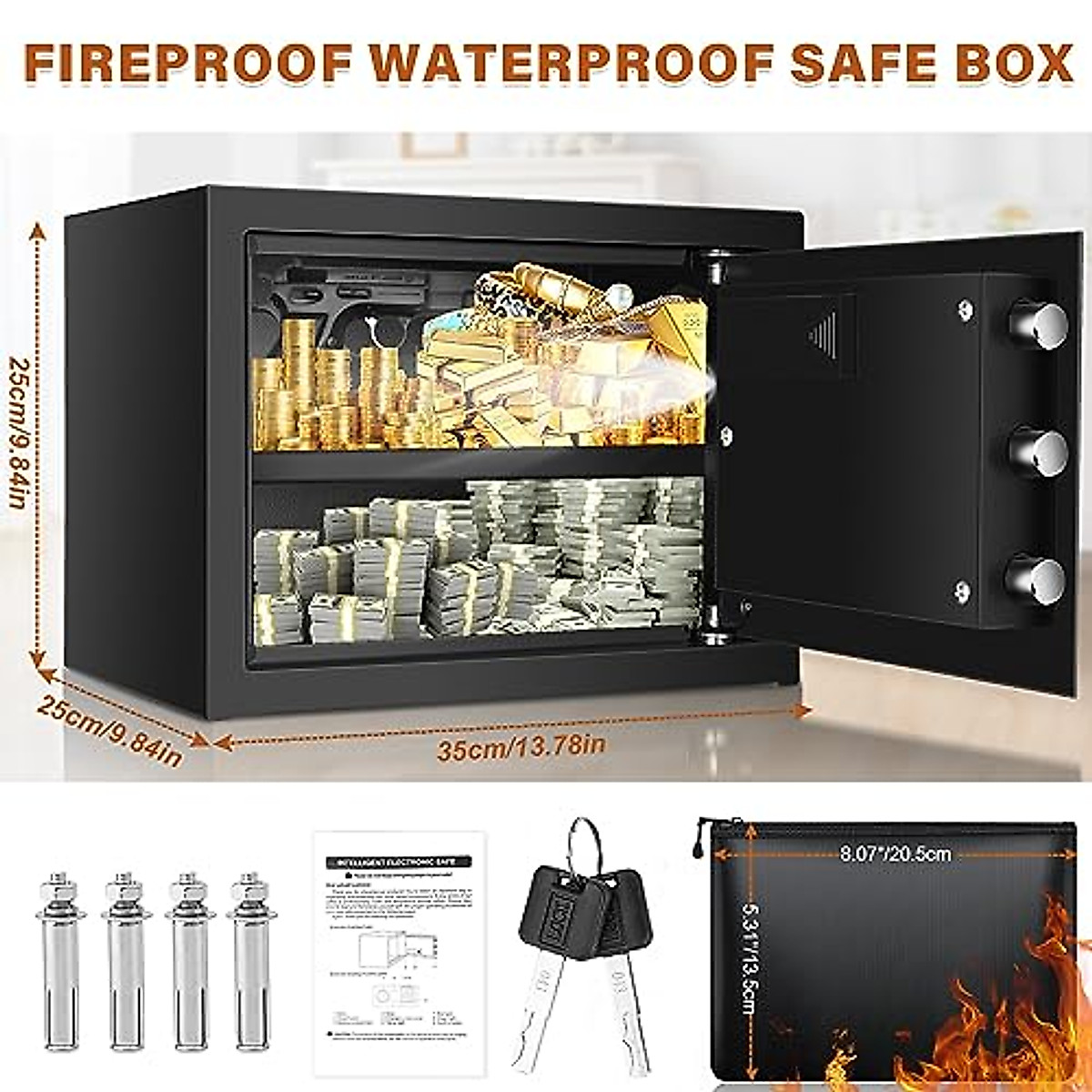 1.0 Cubic Safe Box Fireproof Waterproof with Digital Keypad Key, Anti-Theft Fireproof Safe with Fireproof Money Bag, Security Home Safe for Pistol Money Medicine Important Documents