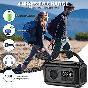 12000mAh Emergency Weather Radio, Hand Crank Radio Solar Radio Portable AM/FM/NOAA Radio with 2 Solar Panels 3 Charging Methods SOS Alarm 3 Mode Flashlight Phone Charger Compass Reading Lamp