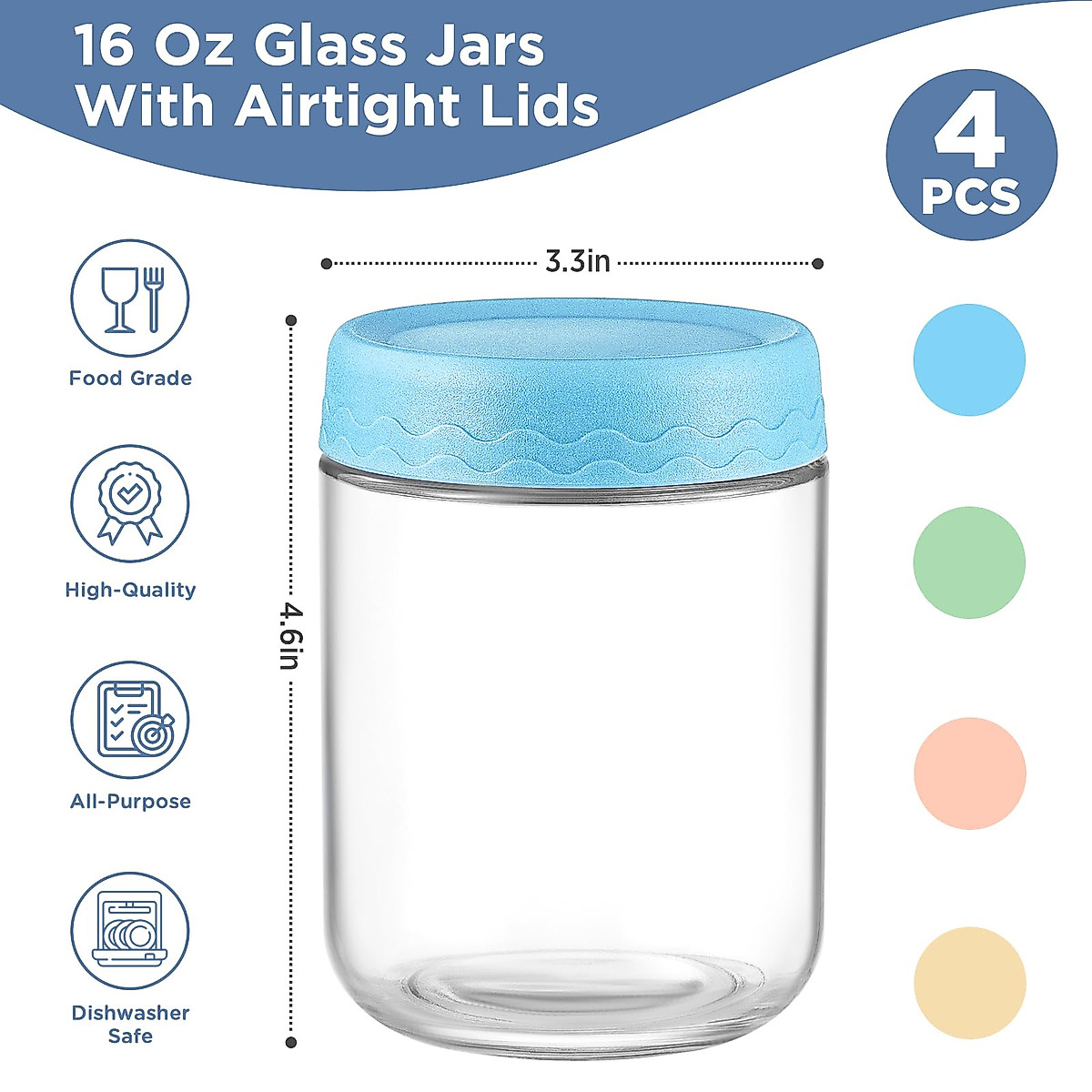 DRKIO 16 Oz Overnight Oats Containers with Lids - 4 Pack Glass Storage Jars with Airtight Lids Wide Mouth Mason Food Jars Great for Meal Prep Salad Chia Pudding Snacks Yogurt Sugar Spice Cereal