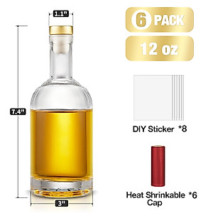 Mfacoy Set of 6 Glass Bottles, 12 oz Clear Liquor Bottles, Heavy Base Glass Bottles with T-Top Cap, Vodka Bottles for Wine Beverages Drinks Oil Vinegar Kombucha Beer with Cork Stopper Airtight Lid