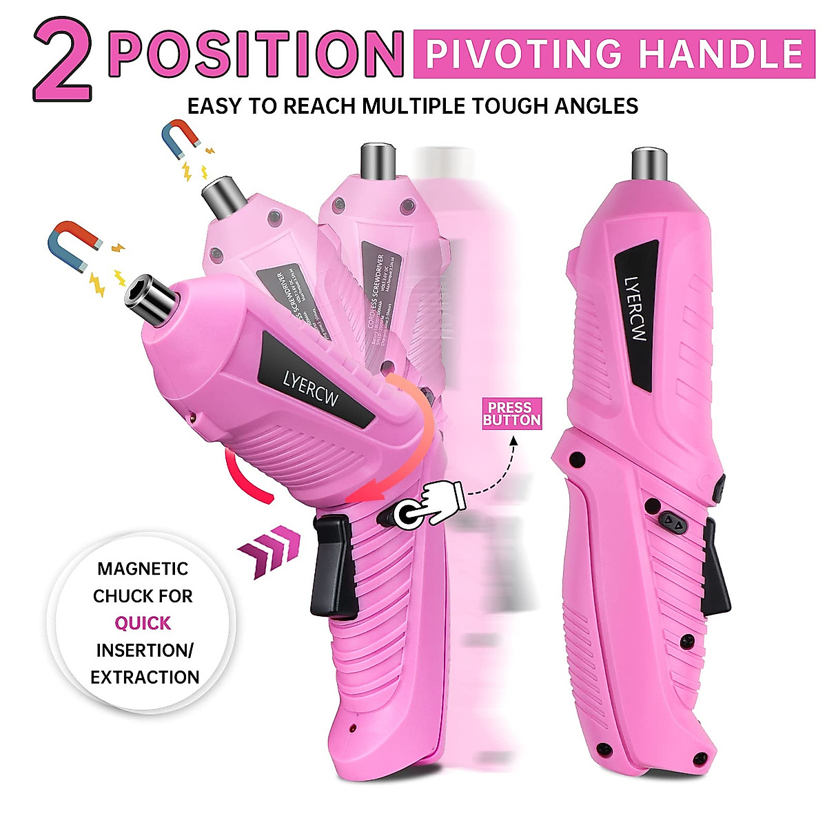 Pink Cordless Screwdriver Set with Rechargeable Battery and Charger, Rotating Handle, LED Light, 47PCS Drill/Driver Accessories, Lightweight and Portable Electric Screwdriver for Women
